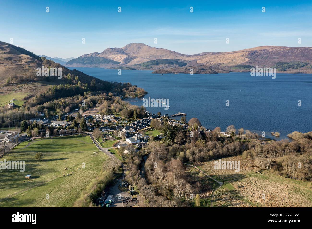 Aerial view of village Luss at Lake Lomond, Scotland, UK Stock Photo ...