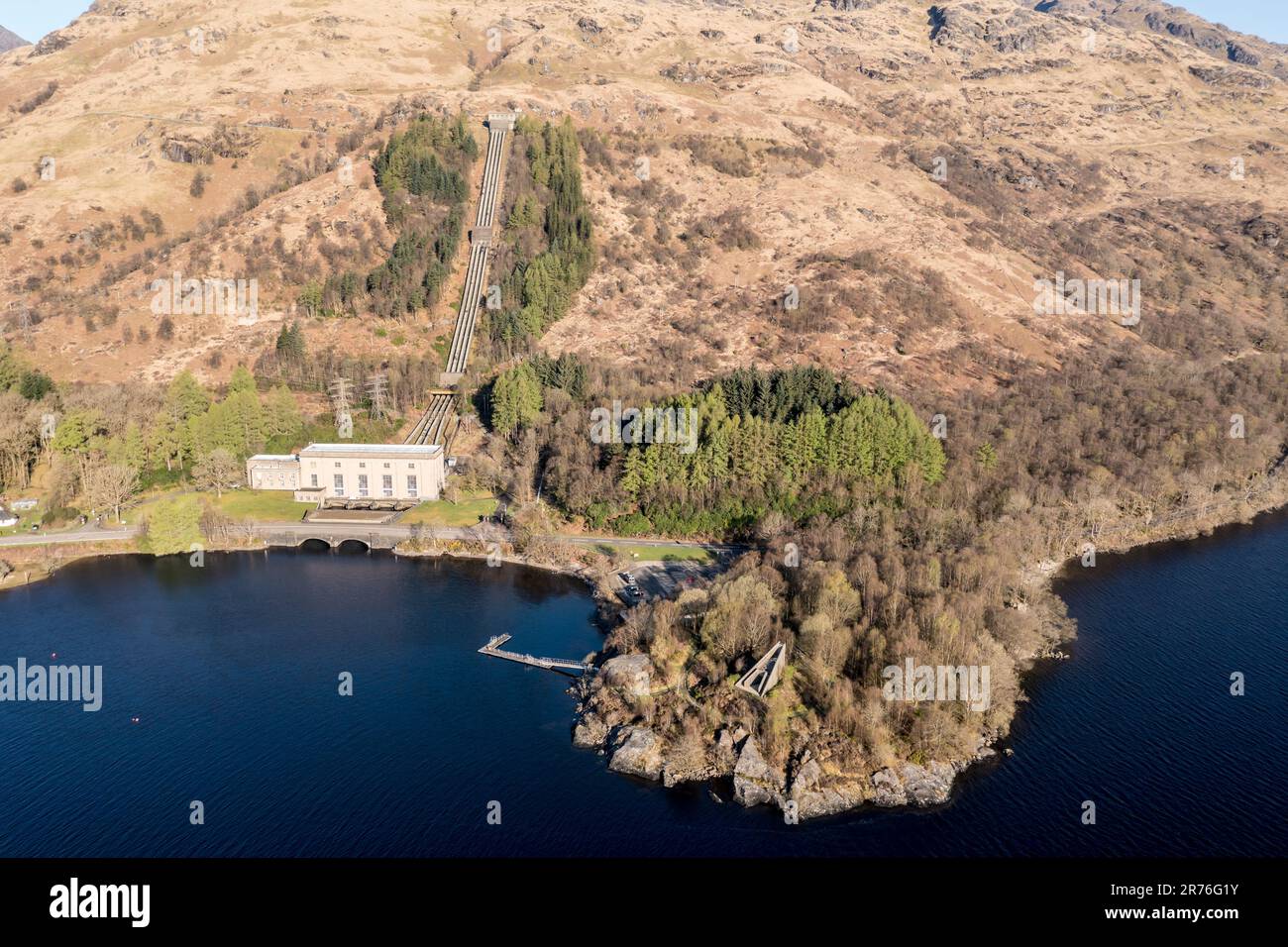Aerial view, Hydro-electric power station at Inveruglas, wooden pyramid ...