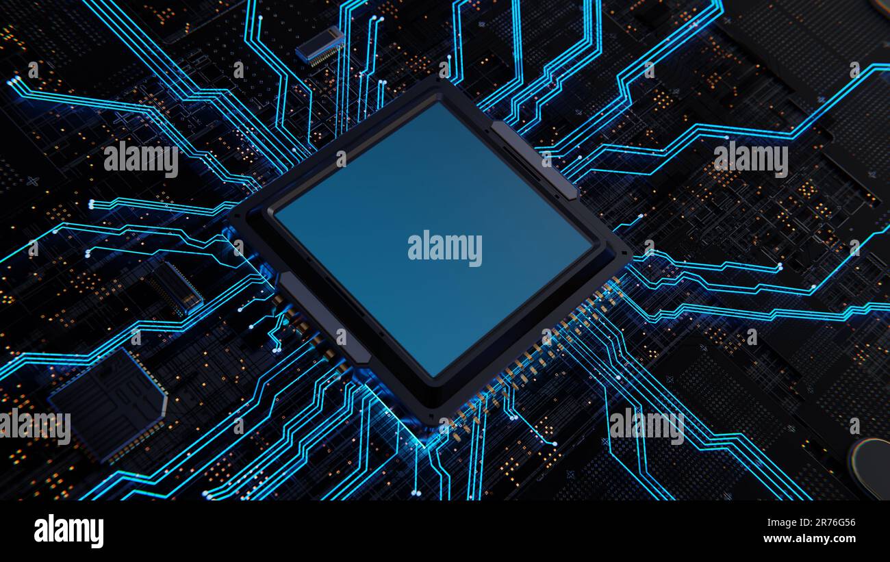 Blue computer electronic chip with blue glow, multiple filter effect ...