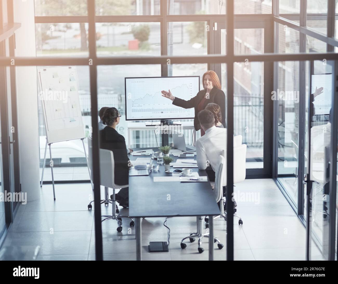 Discussing numbers in the boardroom. an executive giving a presentation ...