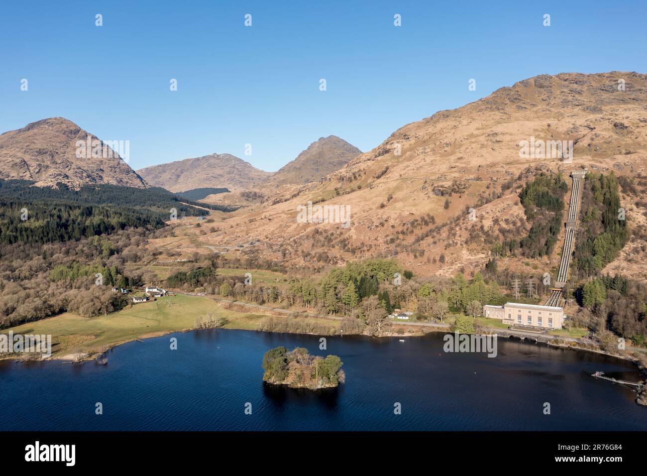 Aerial view, hydro-electric power station at Inveruglas, Lake Lomond ...