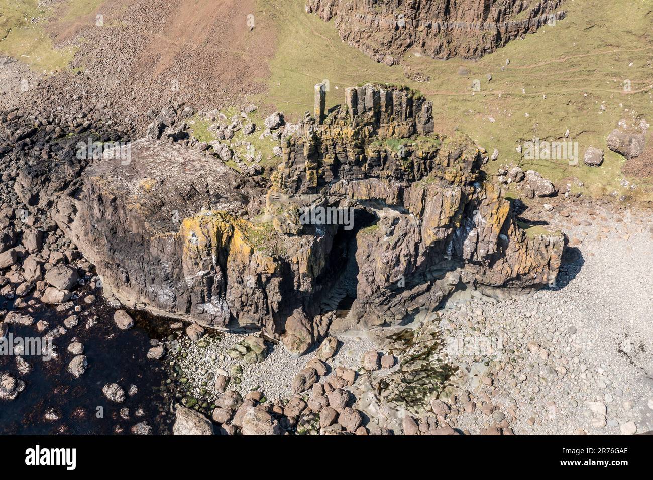 Aerial view of Carsaig Arches, stone arche on the Isle of Mull ...