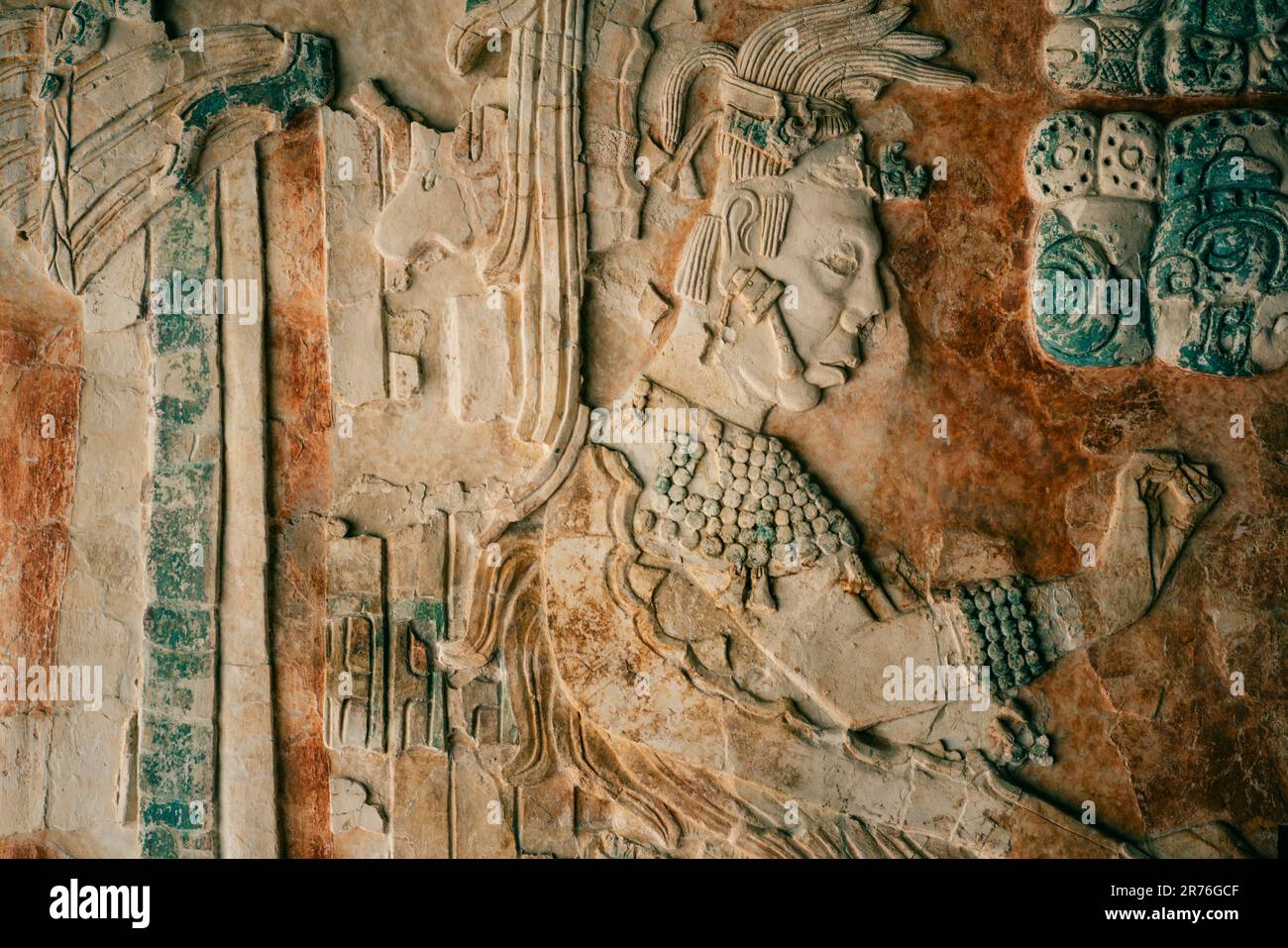 Detail of a bas-relief carving in the ancient Mayan city of Palenque ...