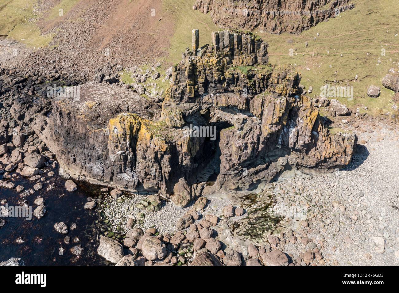 Aerial view of Carsaig Arches, stone arche on the Isle of Mull ...