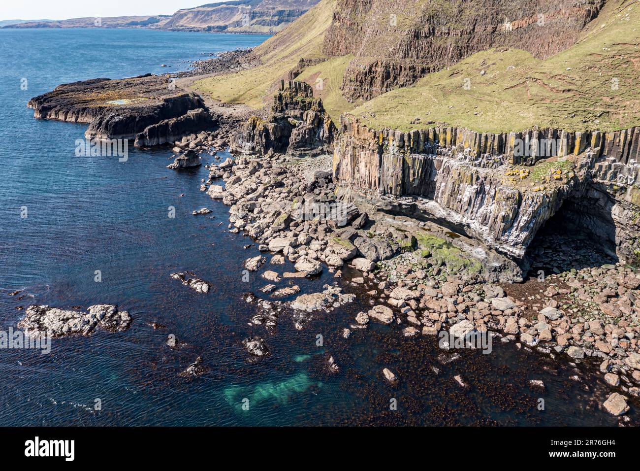 Aerial view of Carsaig Arches, stone arche on the Isle of Mull ...