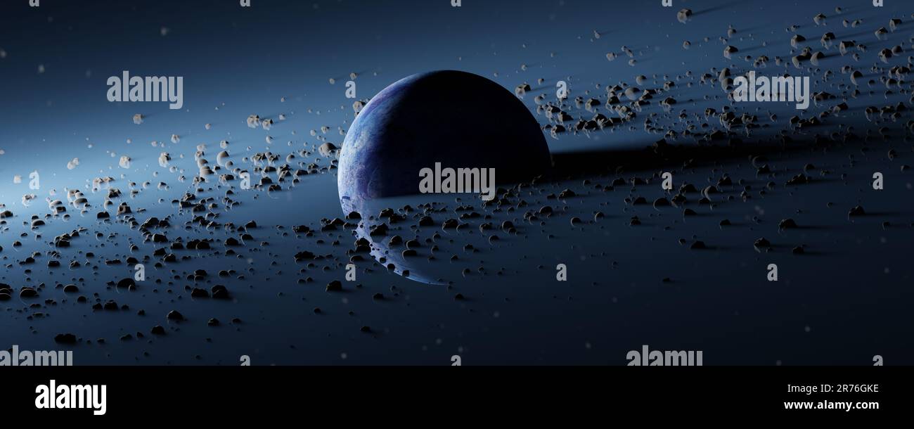 Panorama Planet Pandora surrounded asteroid belt, rings wreckage of ...
