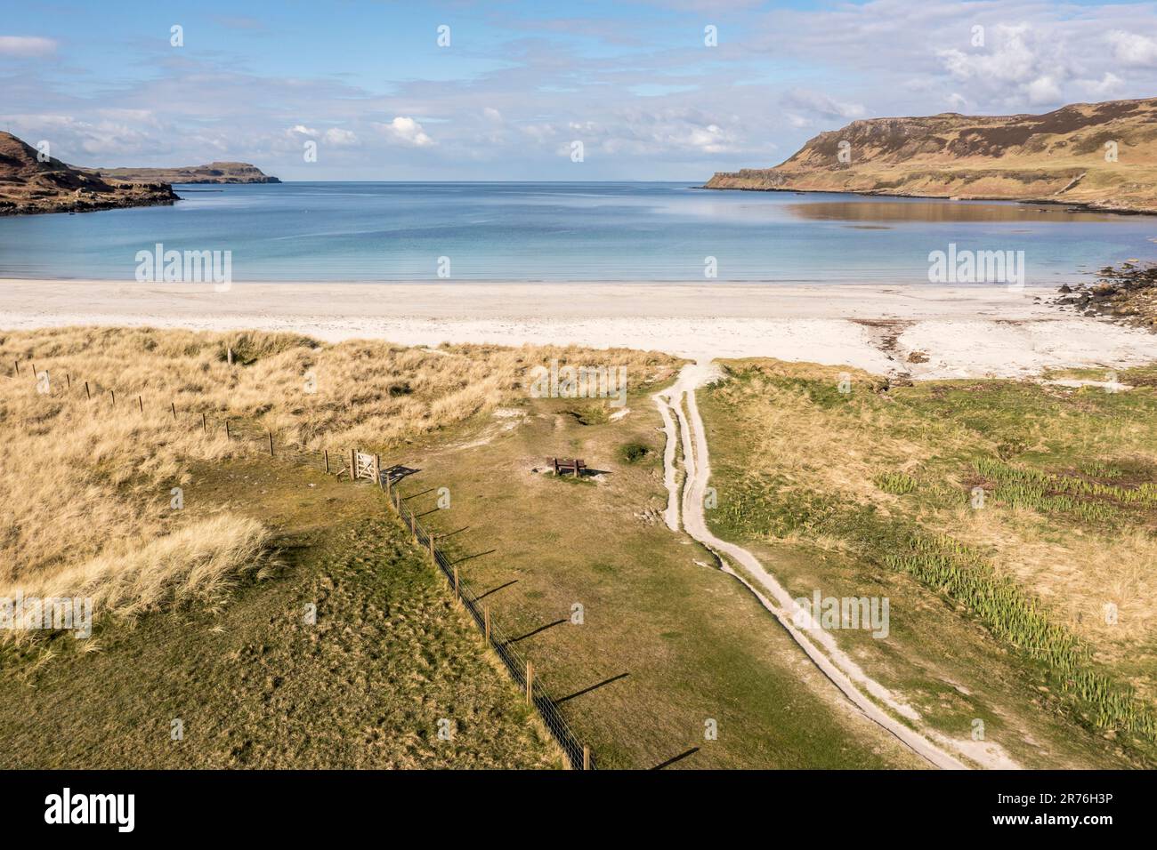Aerial view of Calgary beach, a sandy beach on the west coast of Isle ...