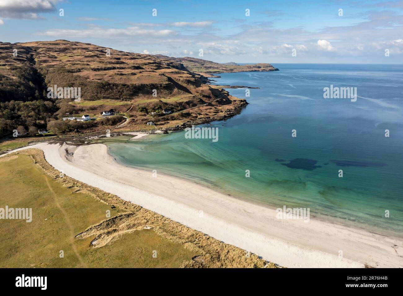 Aerial view of Calgary beach, a sandy beach on the west coast of Isle ...
