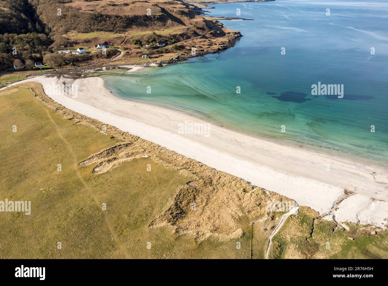 Aerial view of Calgary beach, a sandy beach on the west coast of Isle ...