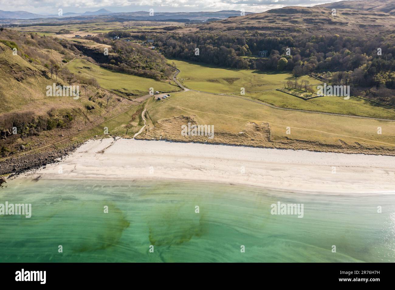 Aerial view of Calgary beach, a sandy beach on the west coast of Isle ...