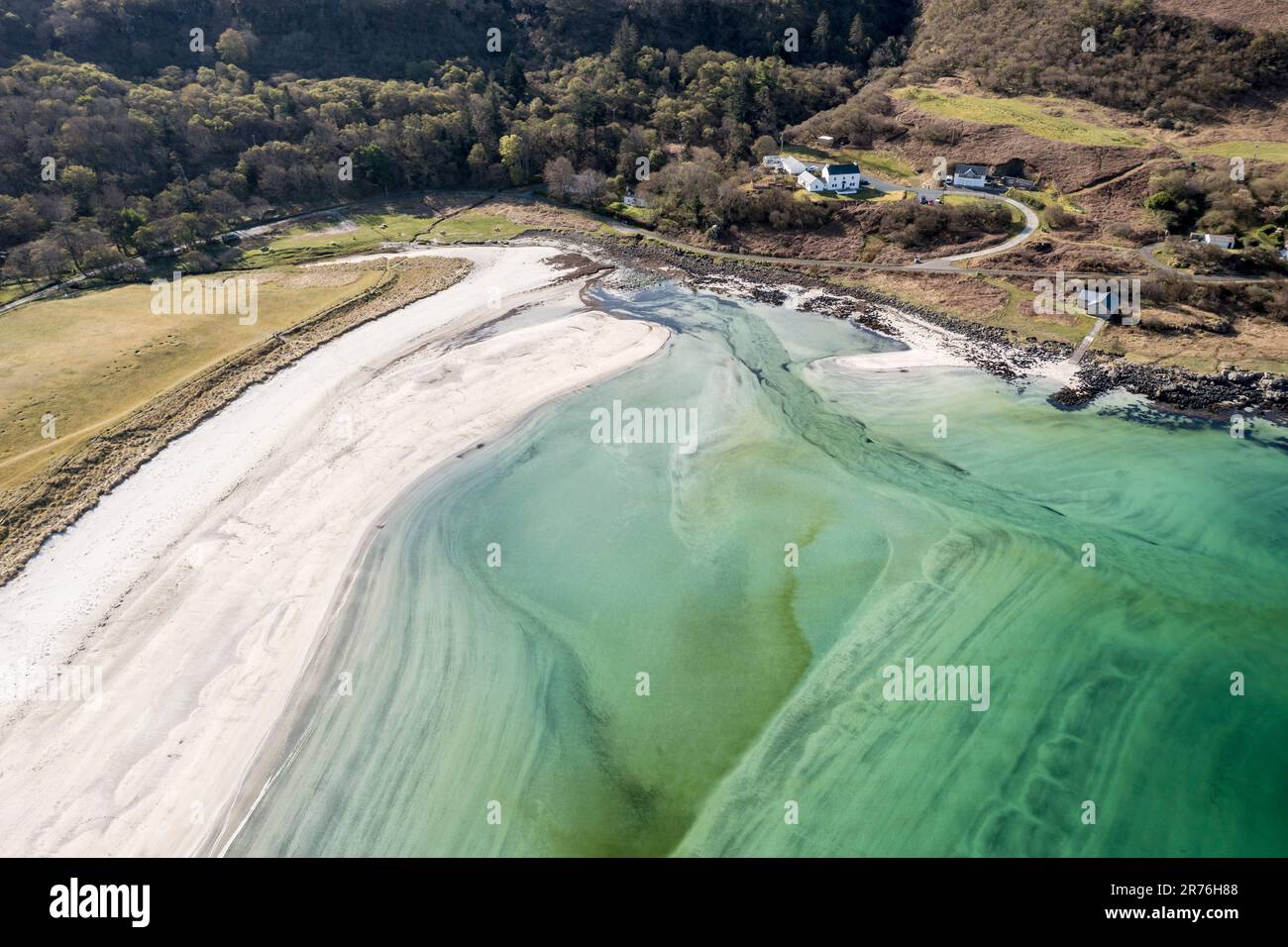 Aerial view of Calgary beach, a sandy beach on the west coast of Isle ...
