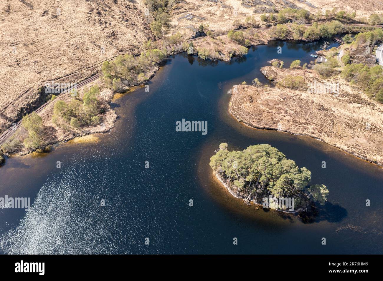 Aerial view to the west end of lake Loch Eilt with island Dumbledore's ...