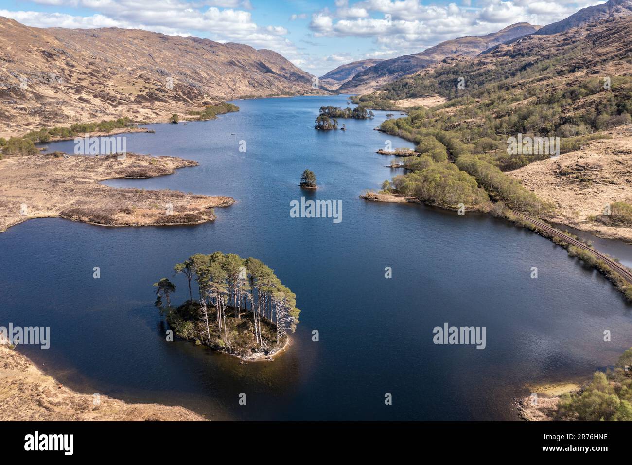 Aerial view over lake Loch Eilt with island Dumbledore's Grave, scottisch highland, Scotland, UK ...
