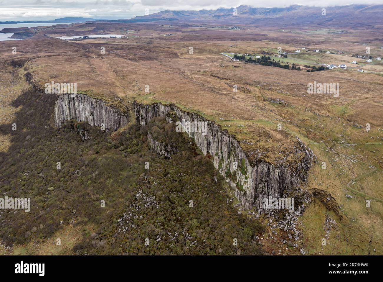 Aerial view of basalt cliff near Staffin, Isle of Skye, Scotland, UK ...