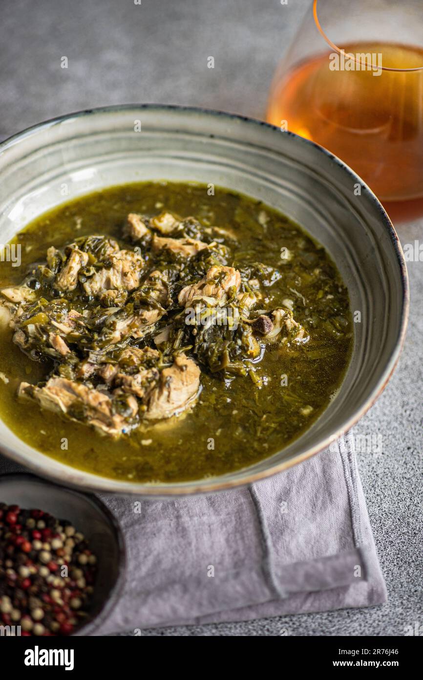 Traditional Georgian seasonal dish Chakapuli served in the bowl Stock ...