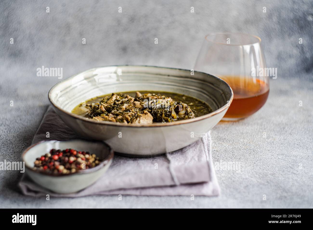 Traditional Georgian seasonal dish Chakapuli served in the bowl Stock ...