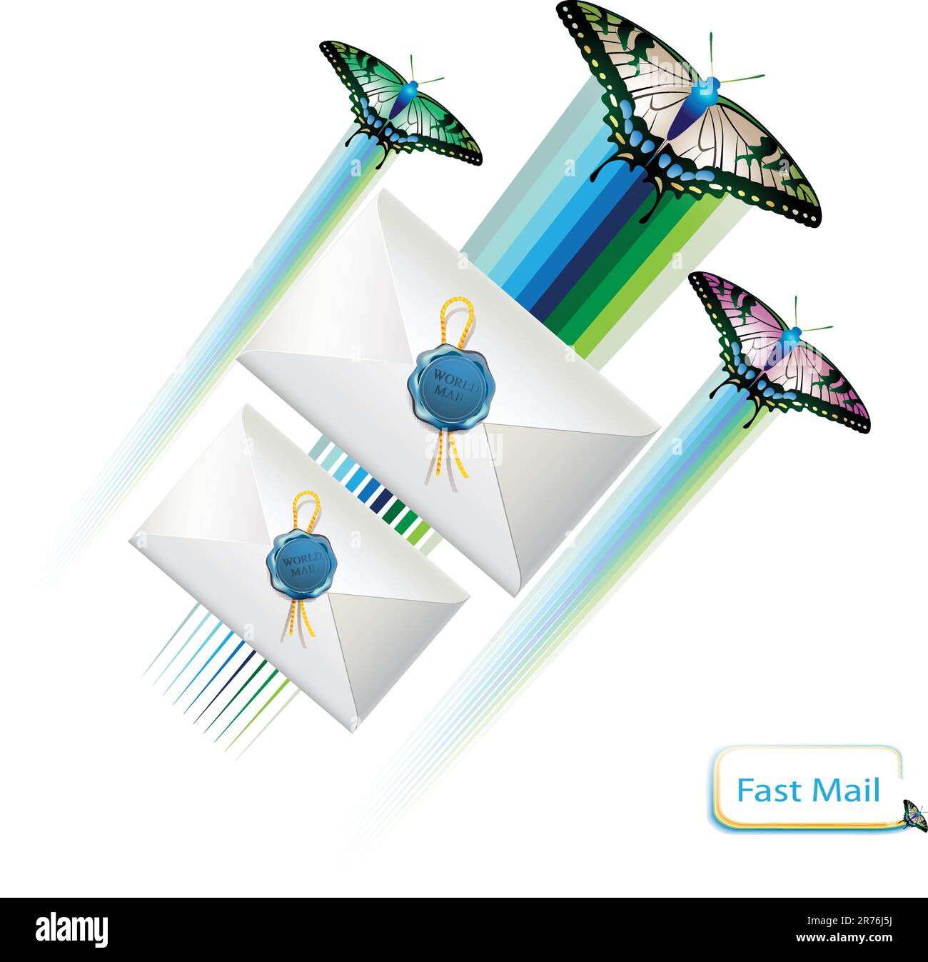 Envelope with seal and fast butterflies isolated on white background ...