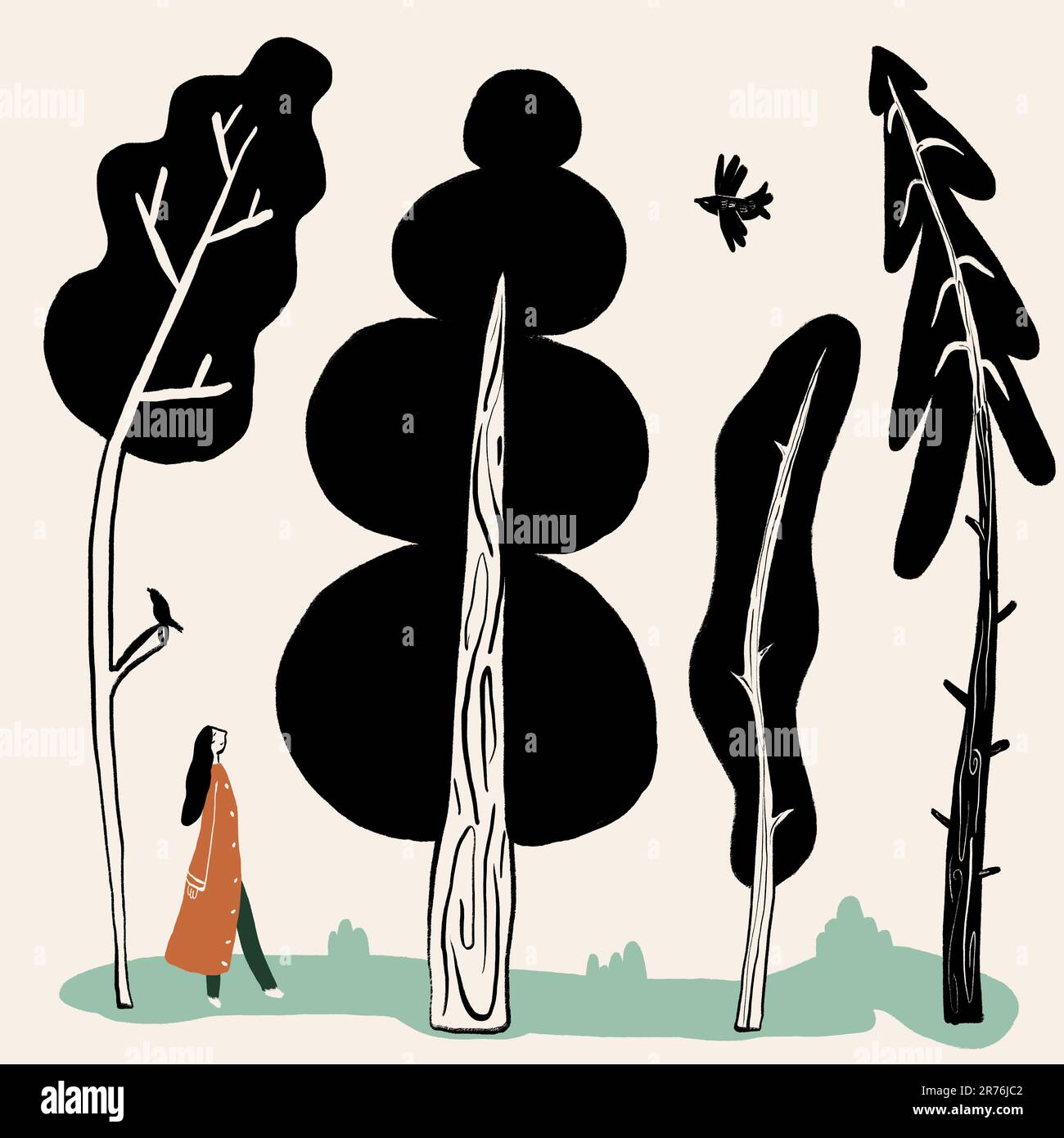 Simple linear art image of woman strolling alone in forest with tall ...