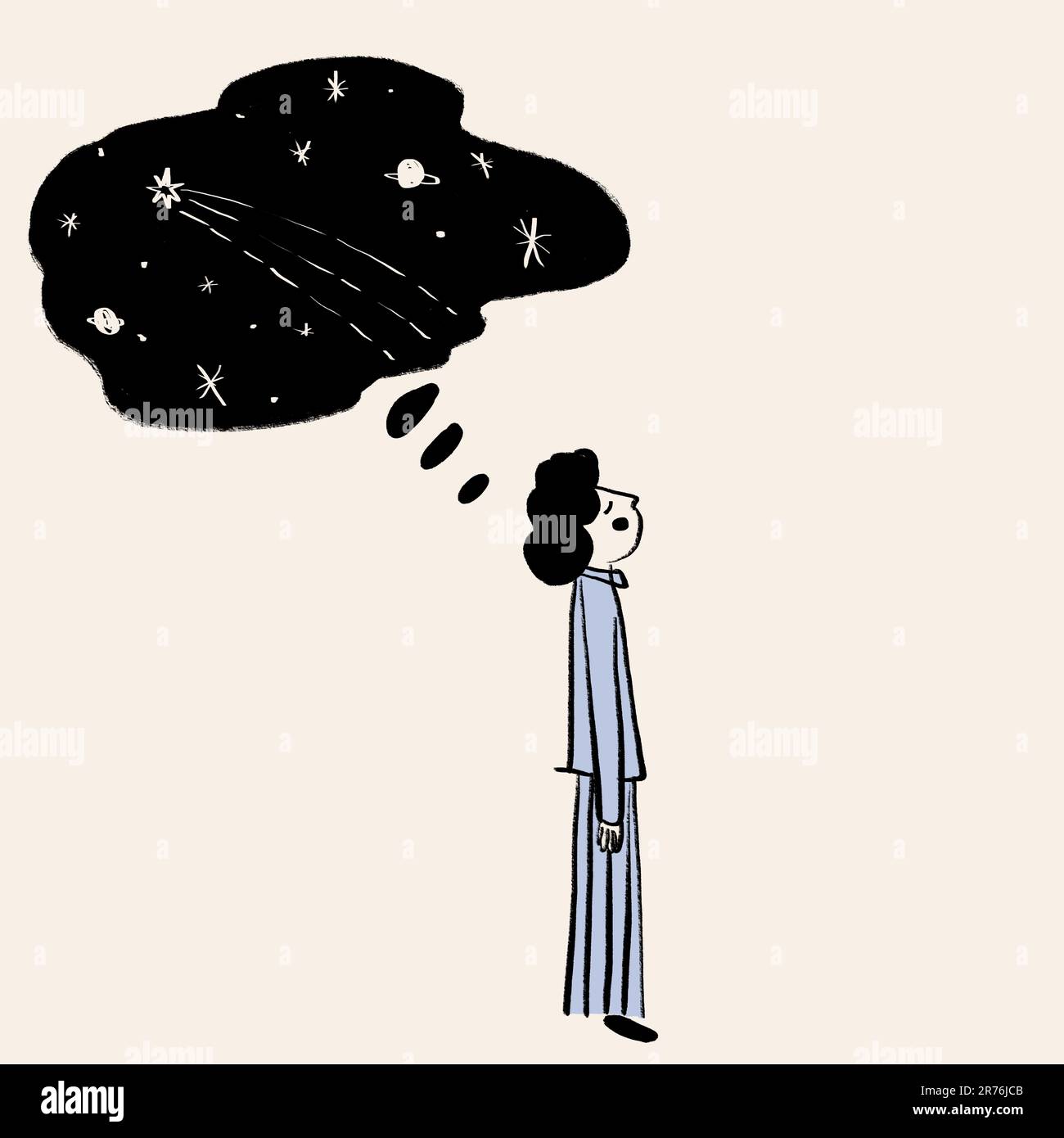 Flat style drawing of cartoon man in blue suit with black cloud of mind ...