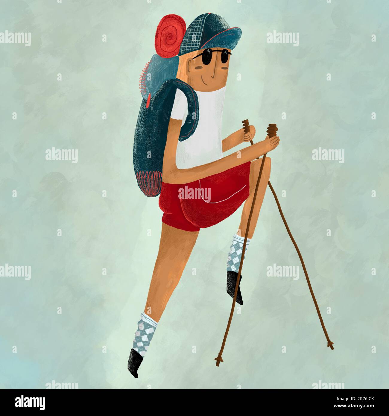 Creative illustration of funny cartoon female hiker in casual clothes ...