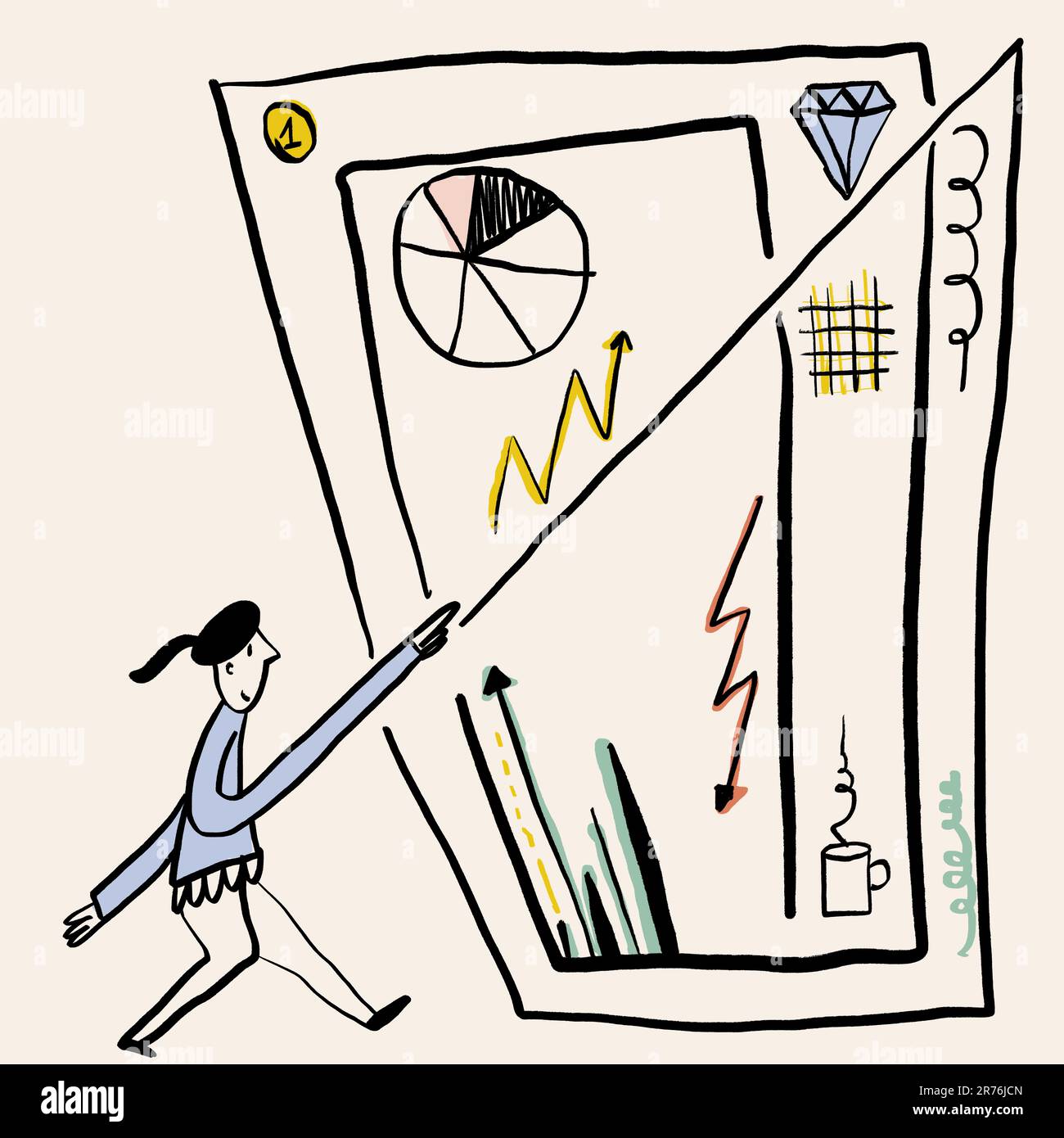 Drawing illustration of businessman analyzing financial charts during ...