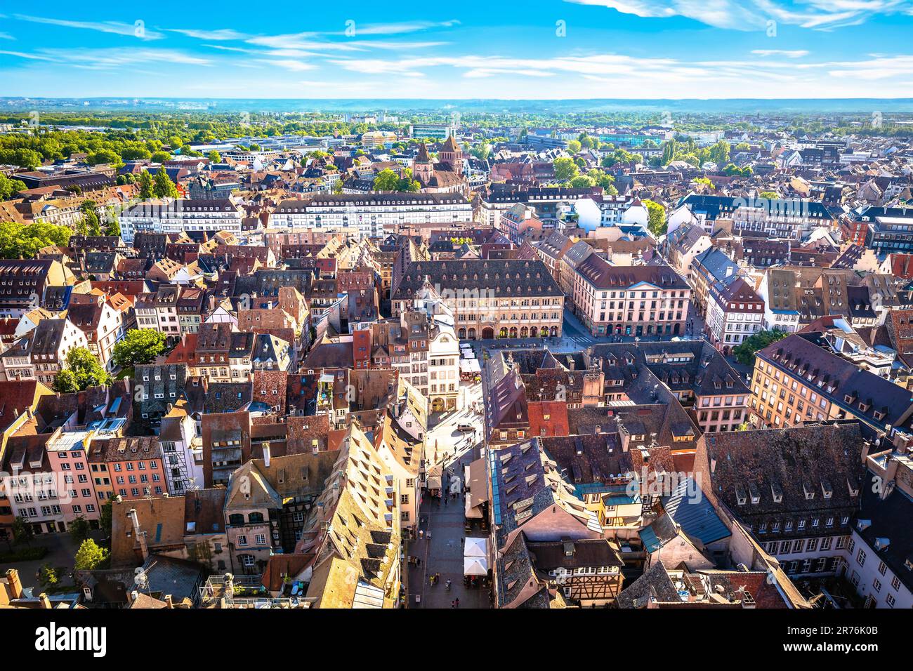 Aerial view of historic city center of Strasbourg rooftops, Alsace ...
