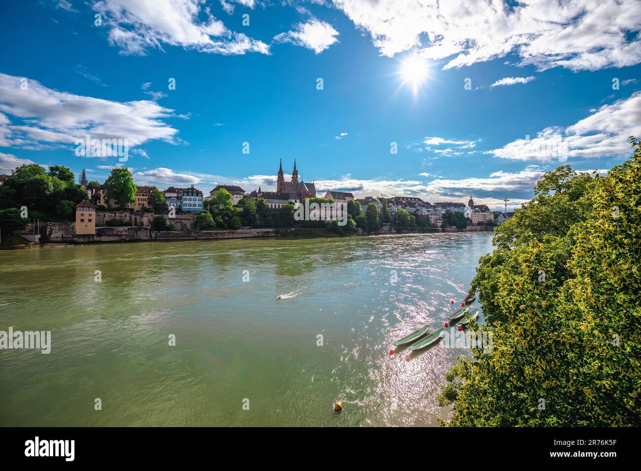 Rhine river in Basel view from the bridge, northwestern Switzerland ...