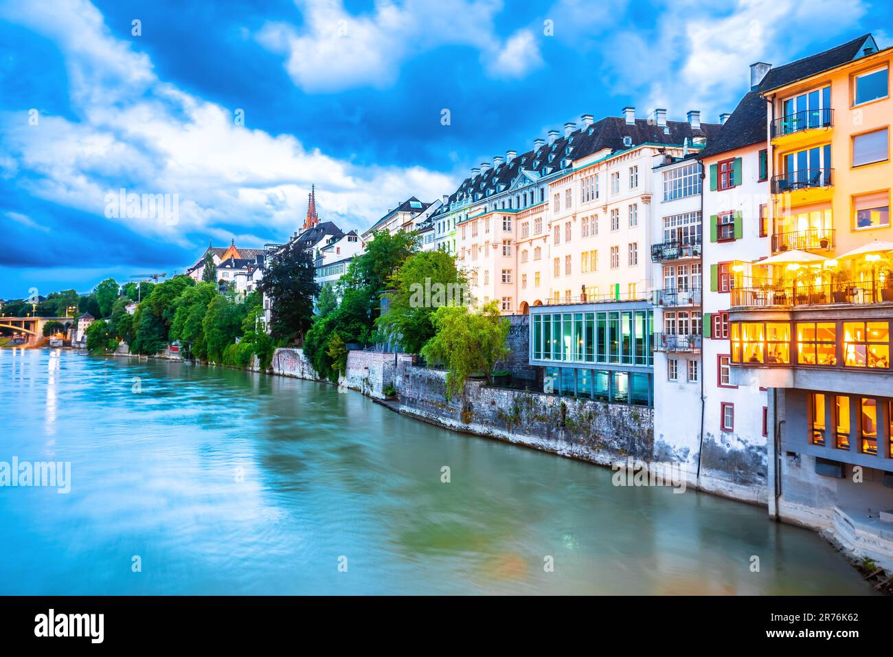 Basel historic waterfront and Rhine river architecture evening view ...