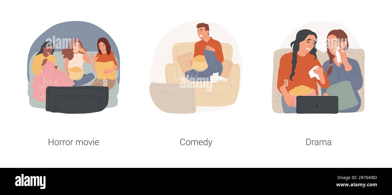 Watching movies on TV isolated cartoon vector illustration set. Scared ...