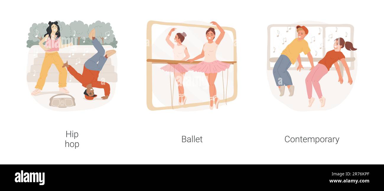 Teen dancing classes isolated cartoon vector illustration set ...