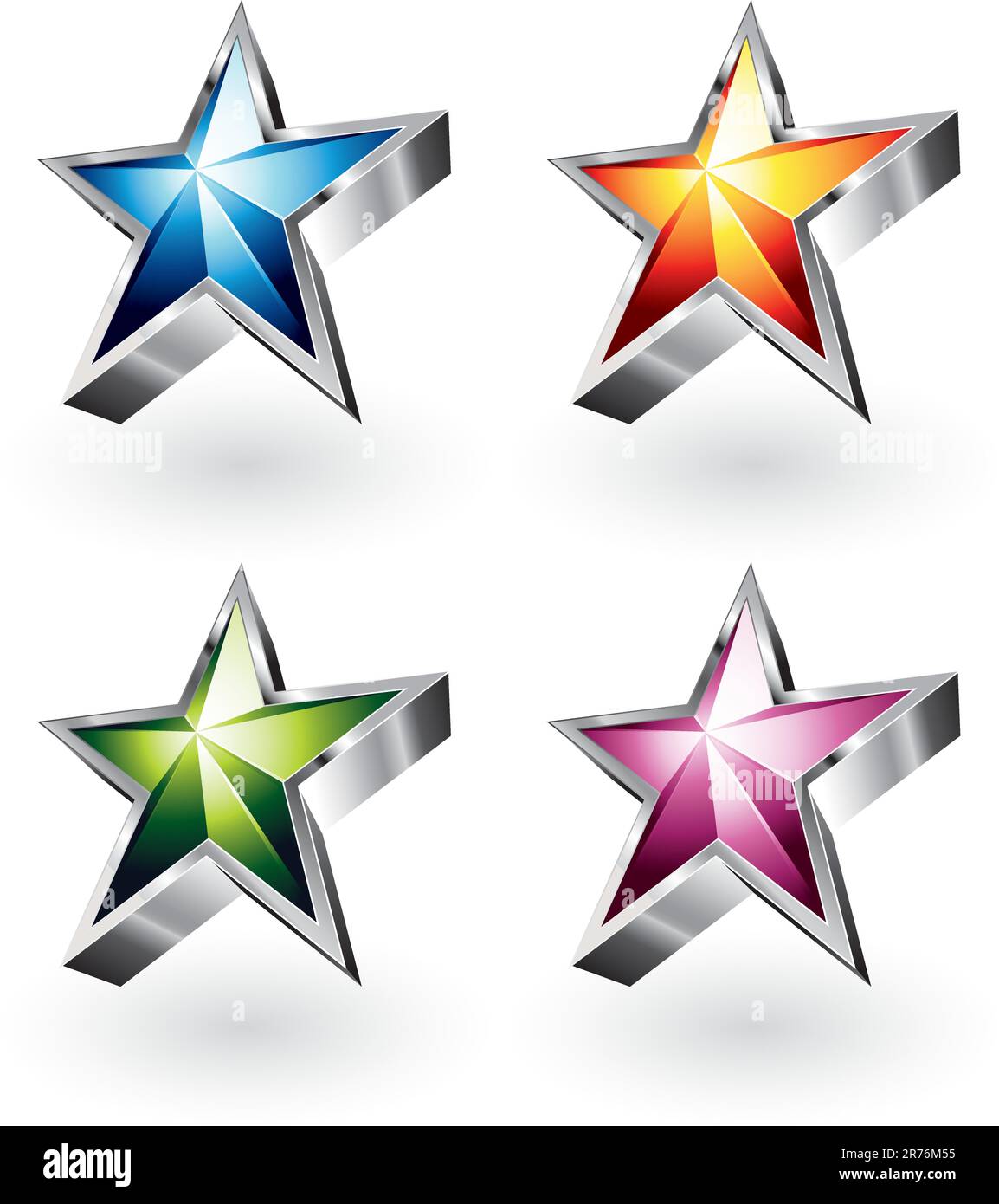 Four color variations of a bright star with a chrome border Stock ...