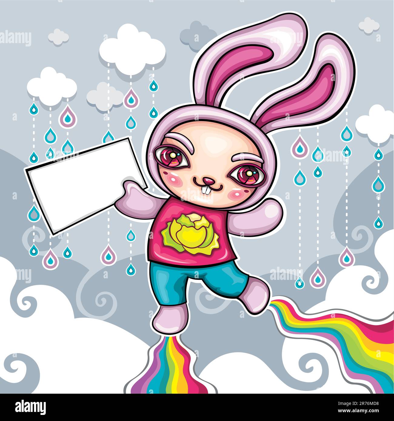 Vector illustration of cute bunny character. Flying in the sky wjth his ...