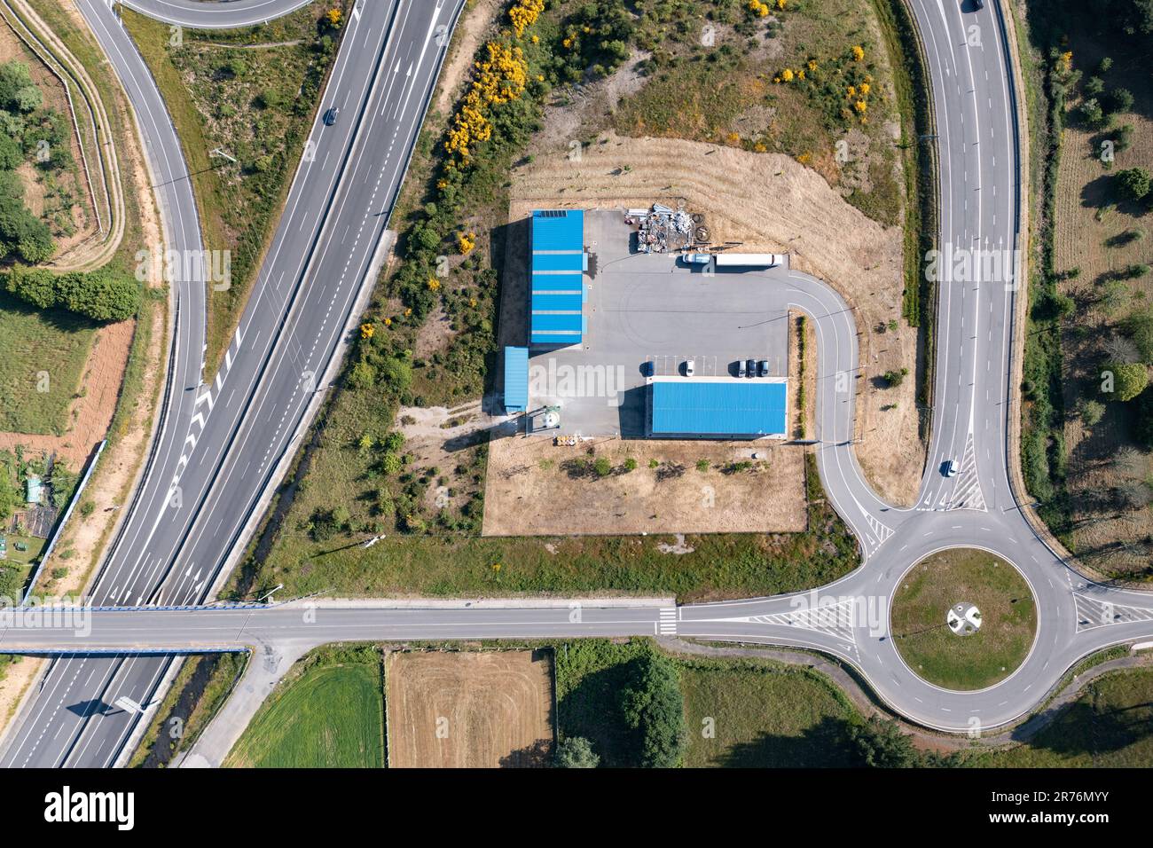 Top view aerial view of infrastructure development of highways with ...