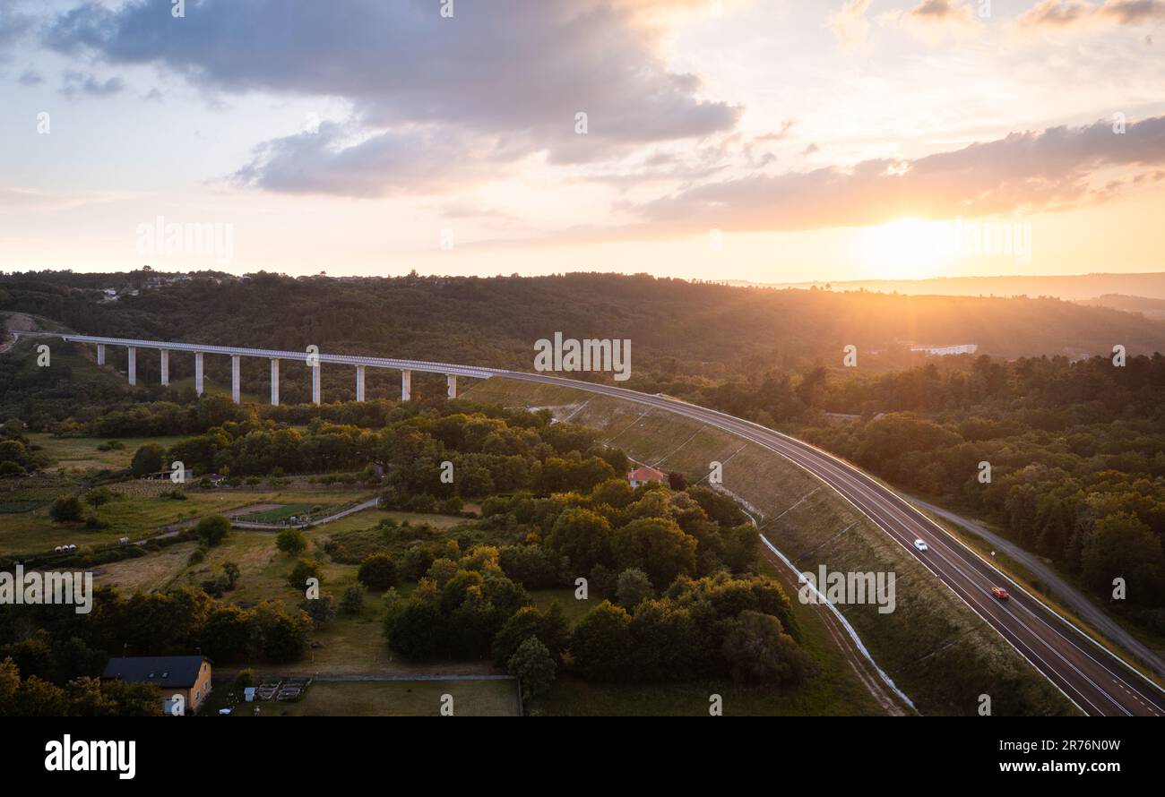 Aerial view of highway road bridge for vehicular transport as part of infrastructure development ...
