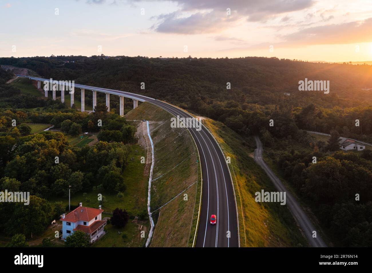 Aerial view of highway road bridge for vehicular transport as part of infrastructure development ...
