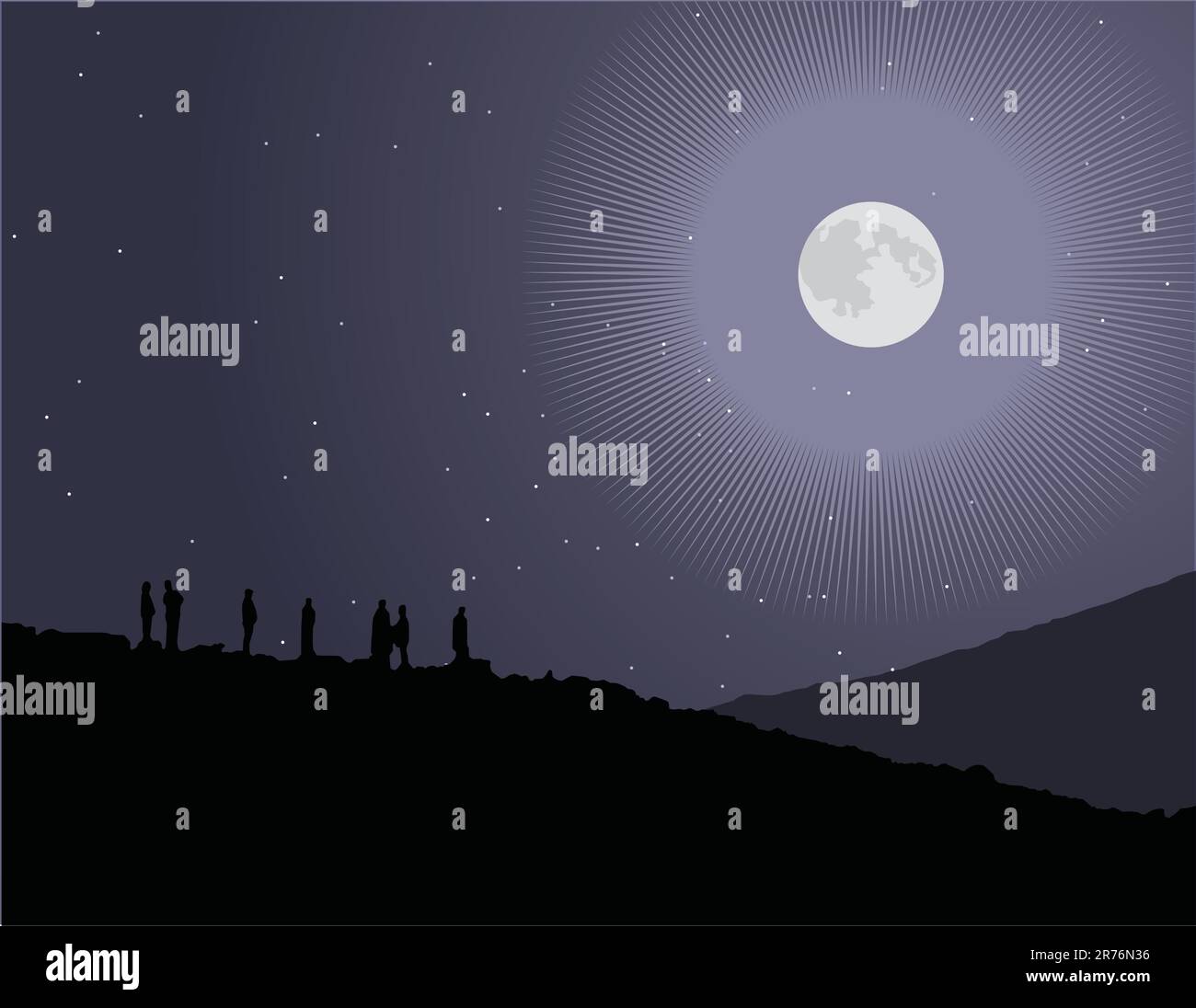 Vector illustration of a group of people watching the stars and full ...
