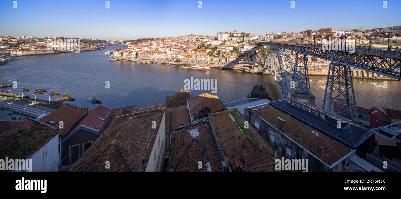 Aerial view of famous Ponti Di Don Luis Bridge over river between ...