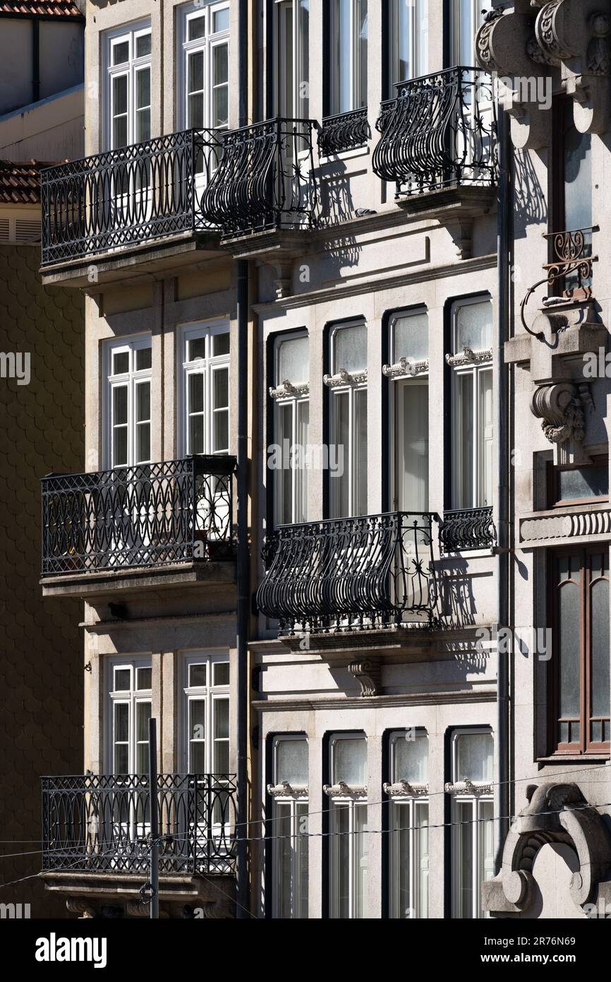 Exterior design of building with ornamental balconies and long narrow ...