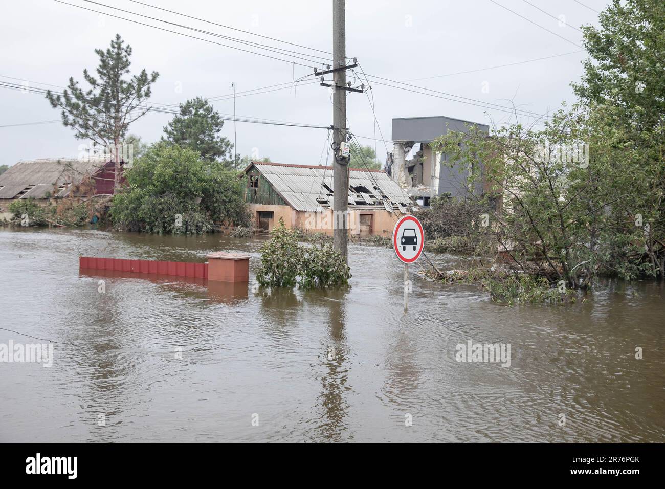 View of a flooded street of Kherson. The explosion of the Kakhovska ...