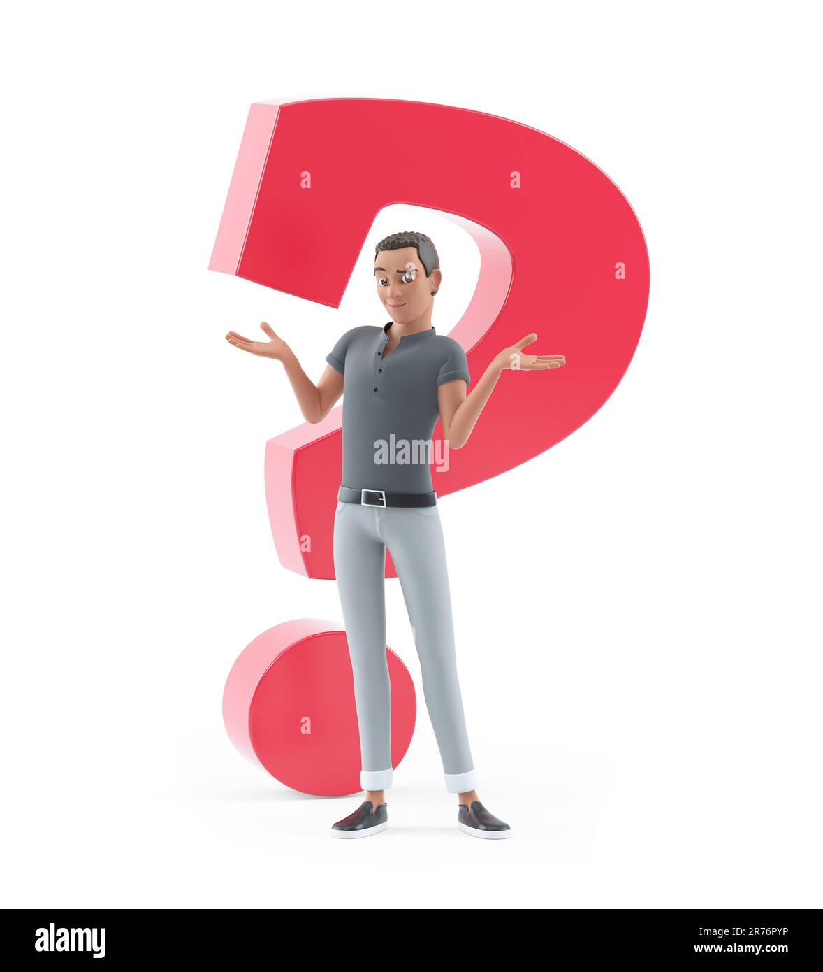 3d character man standing in front of question mark, illustration ...