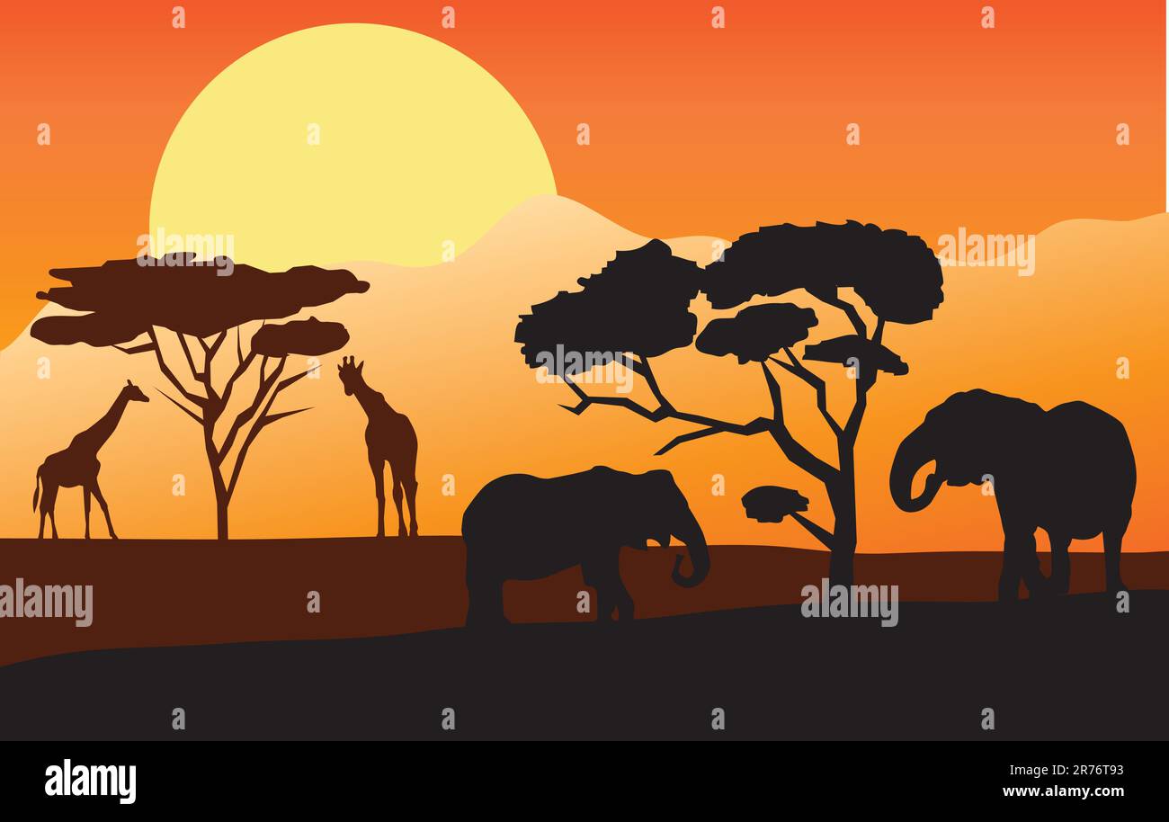 vector illustration of african landscape with elephants and giraffes ...