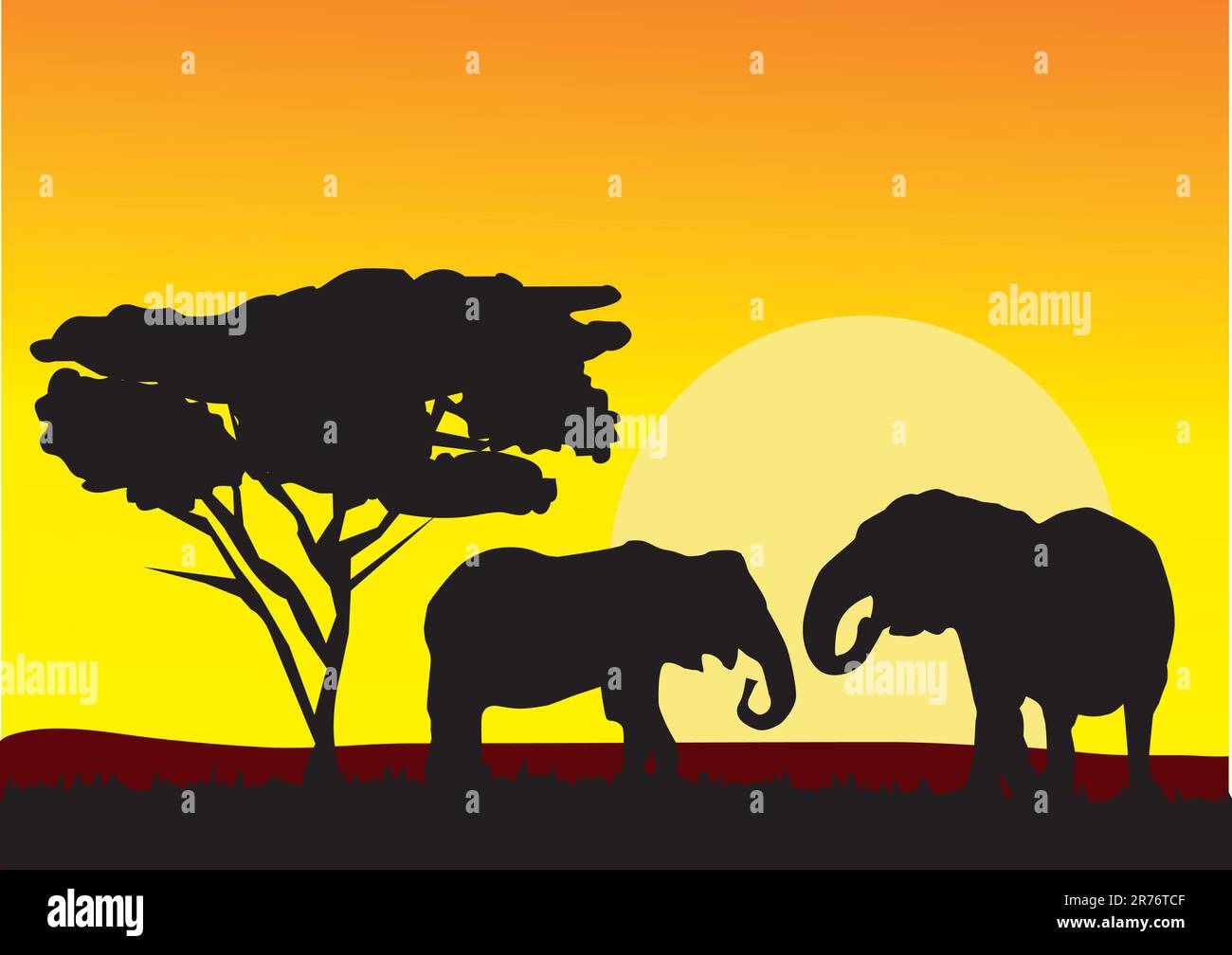 vector illustration of african landscape with elephants Stock Vector ...