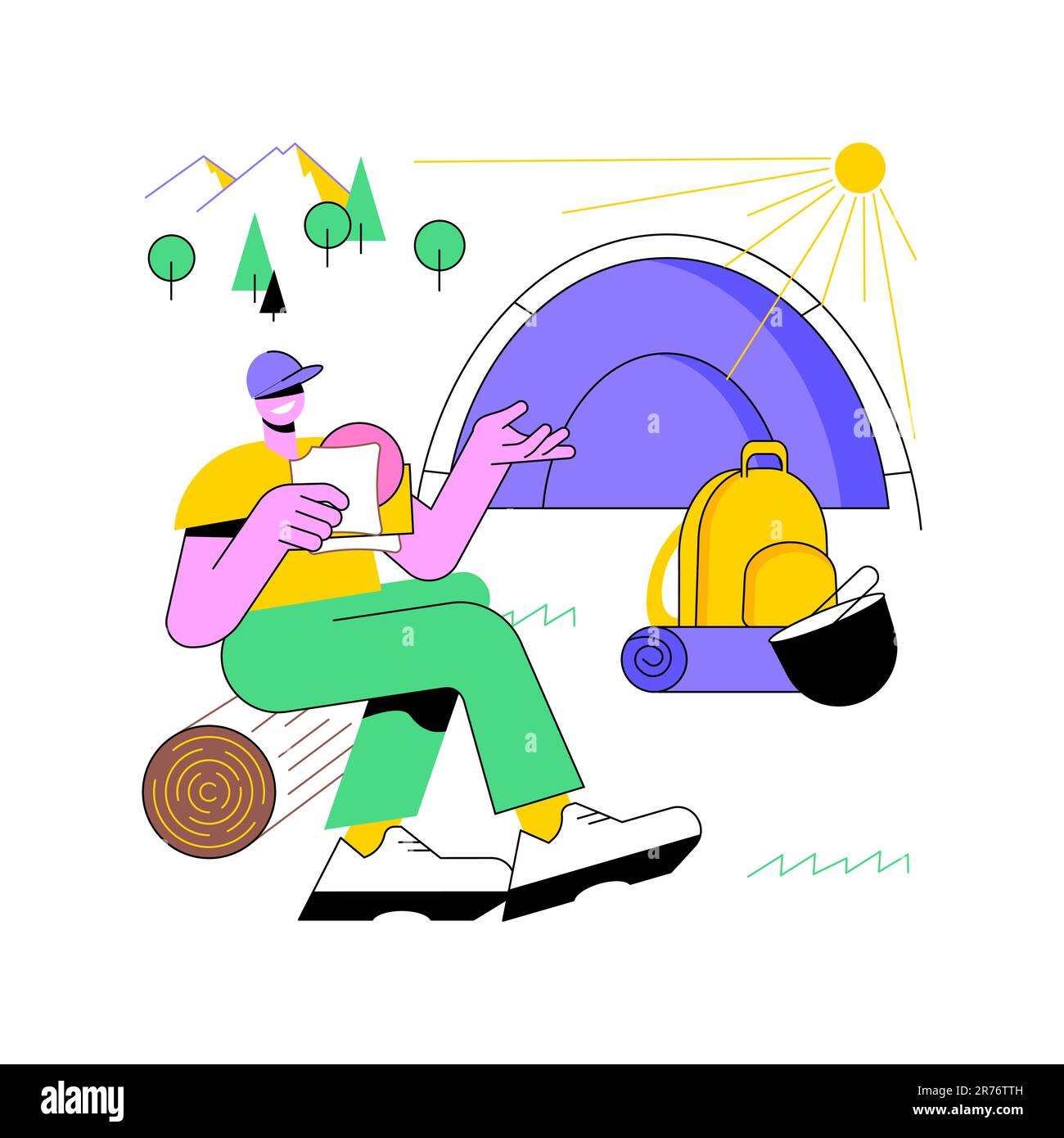 Camping site isolated cartoon vector illustrations. Young man setting ...