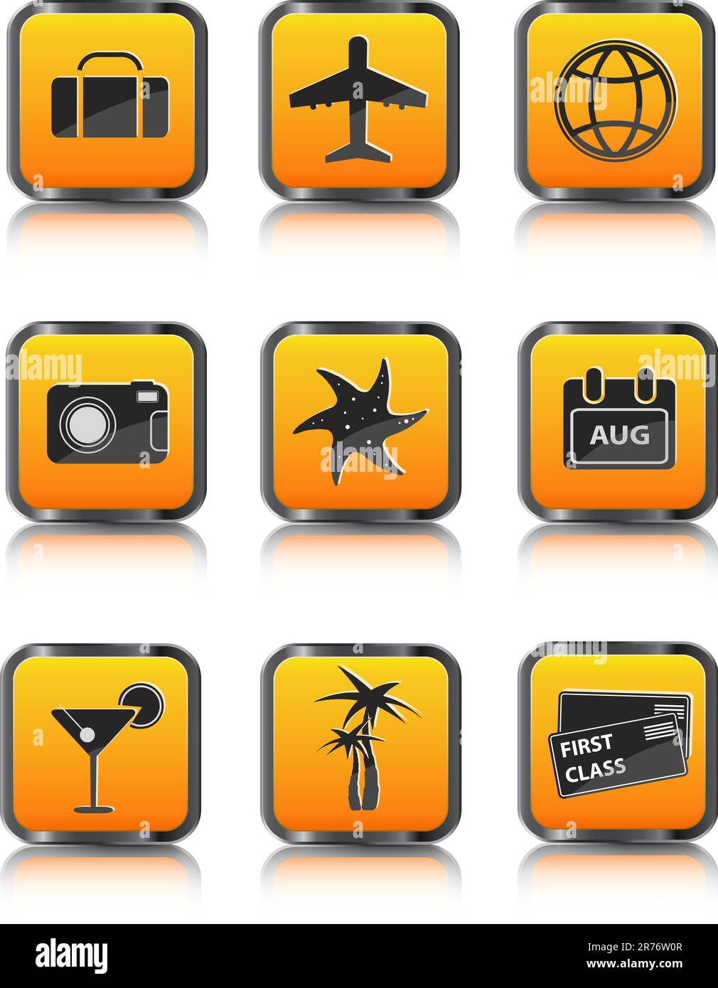 orange travel icon luggage airplane palm cocktail isolated on white ...