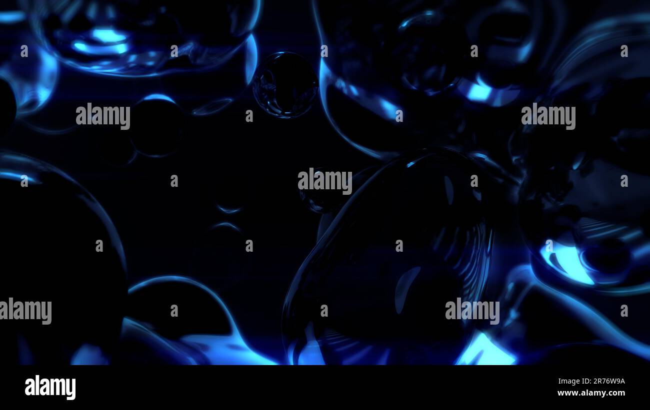 electrical blue lighting pellucid liquid meta spheres on black ...