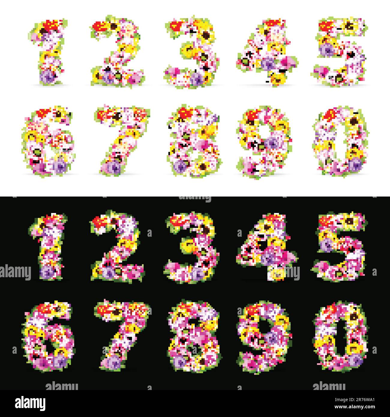 numbers, vector colorful flower font on black and white Stock Vector ...