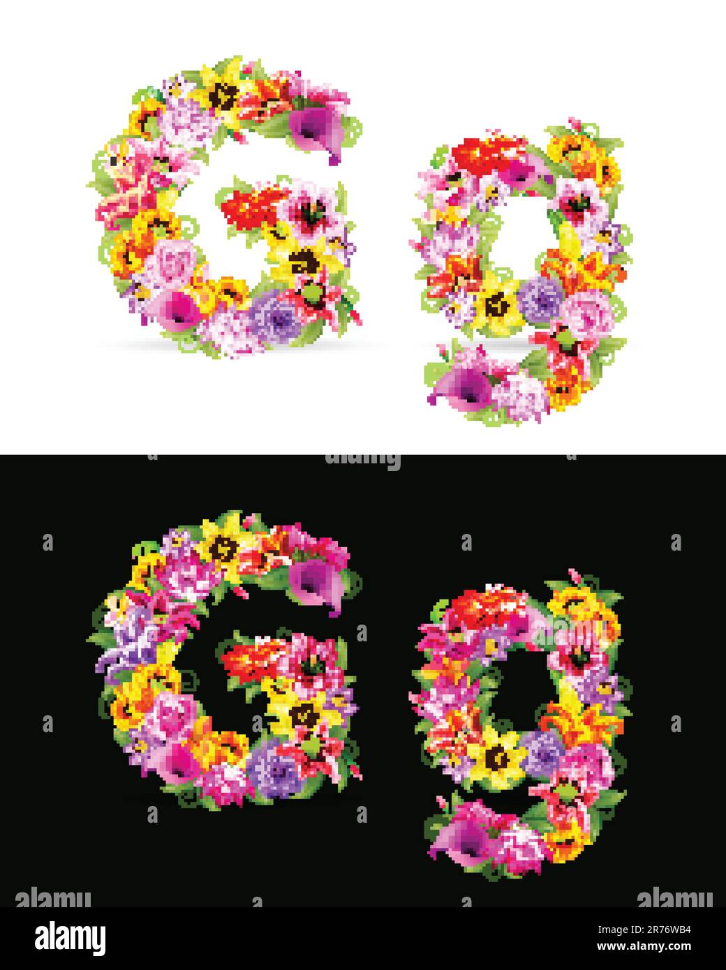 G, vector colorful flower font on white and black background Stock ...