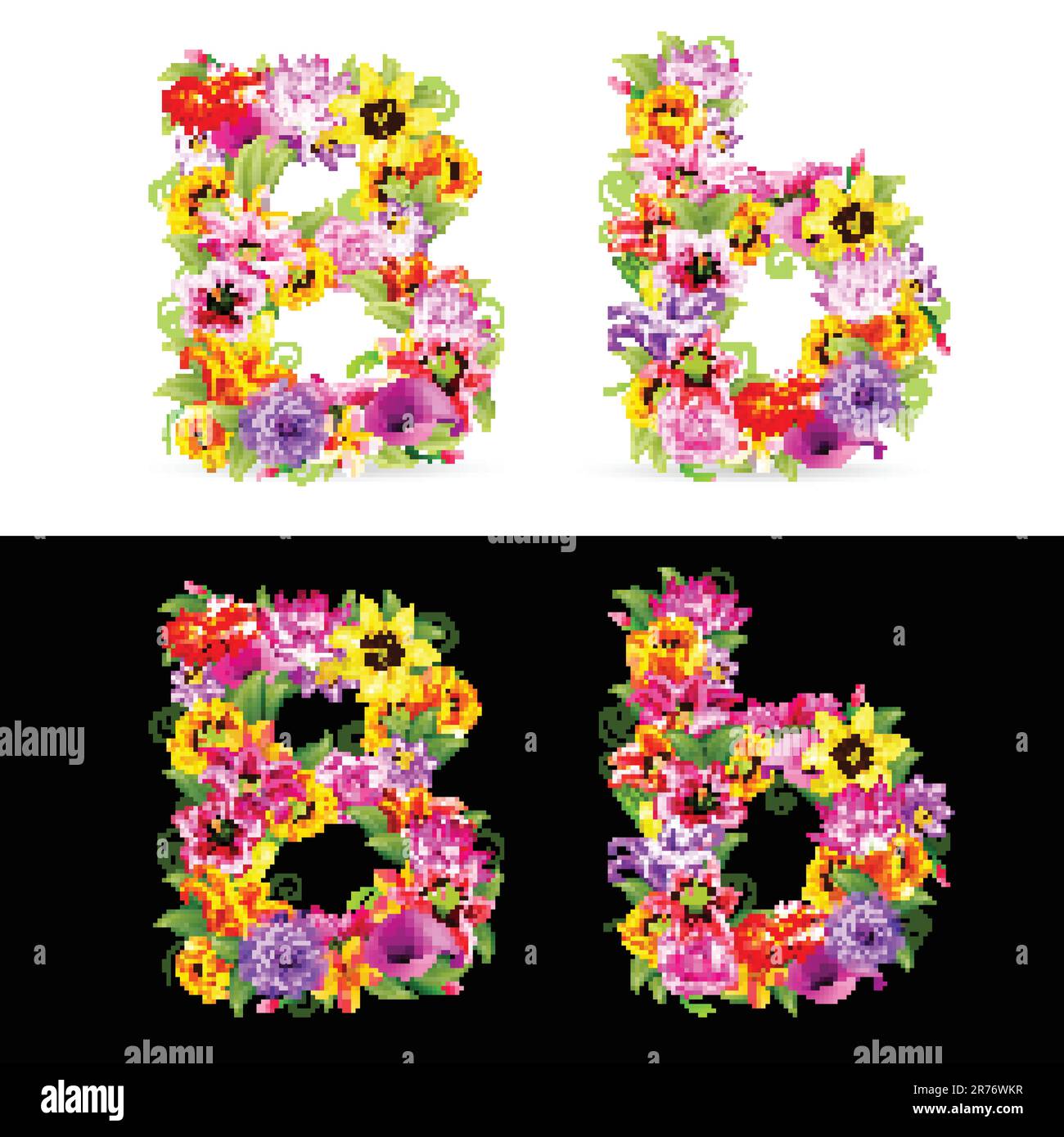 B, vector colorful flower font on white and black background Stock ...