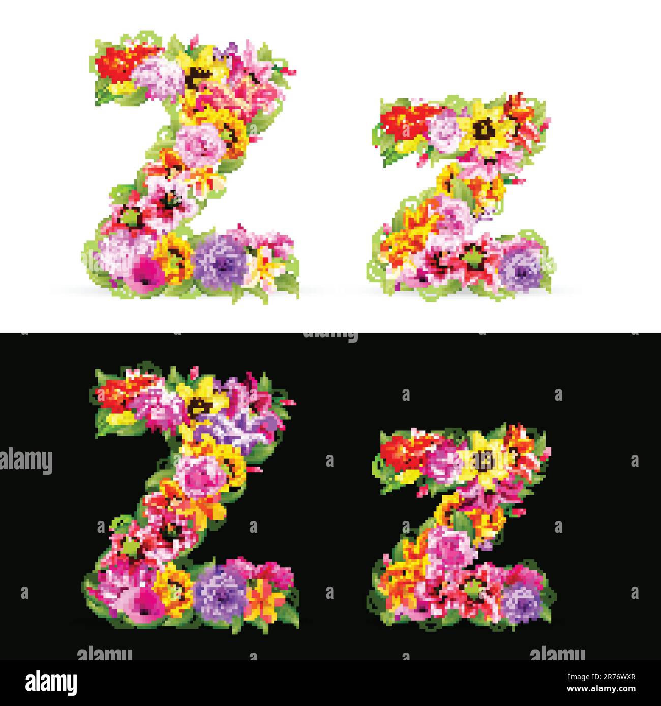 Z, vector colorful flower font on white and black background Stock ...