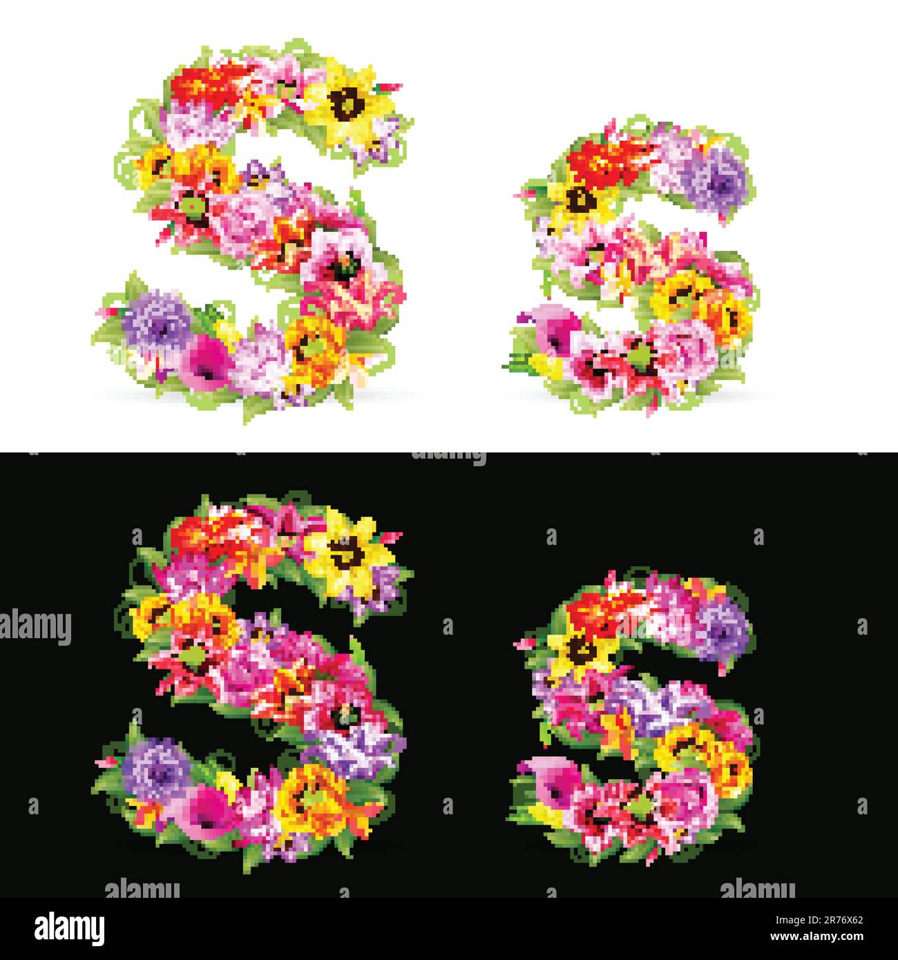S, vector colorful flower font on white and black background Stock ...